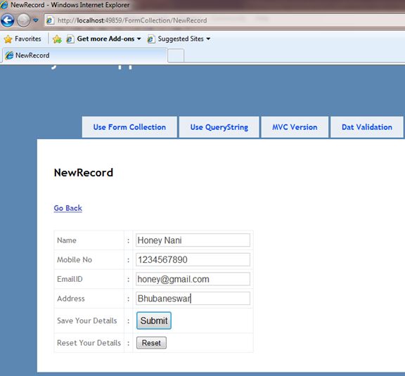 Retrieving Data Using Form Collection And Inserting Into Aspnet Mvc 3
